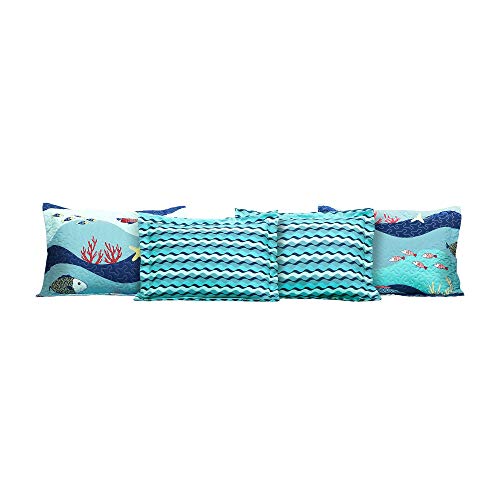 Lush Decor Sea Life Stripe 6 Piece Daybed Cover | Ocean Beach Fish Bedding Set Includes Bed Skirt, Pillow Shams and Cases 75" X 39", Blue