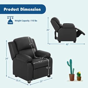 Costzon Kids Recliner, Leather Recliner Chair w/Footrest, Armrest Storage, Headrest & Lumbar Support, Ergonomic Lounge Chair for Living & Gaming Room, Adjustable Recliner Sofa for Boys Girls (Black)