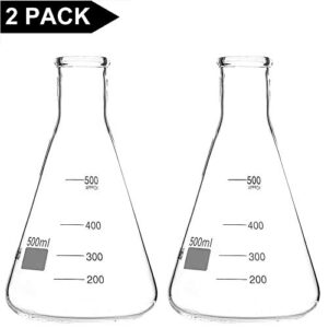 stonylab 2-Pack Glass 500ml Heavy Wall Narrow Mouth Erlenmeyer Flasks with Heavy Duty Rim (500ml Fits with stonylab 7# Rubber Stopper)