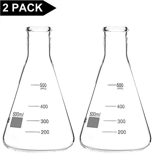 stonylab 2-Pack Glass 500ml Heavy Wall Narrow Mouth Erlenmeyer Flasks with Heavy Duty Rim (500ml Fits with stonylab 7# Rubber Stopper)