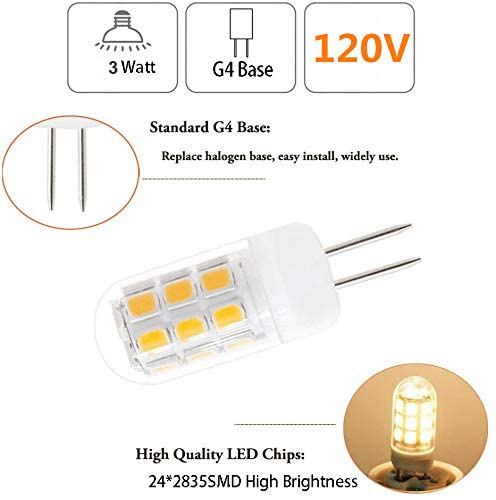 G4 LED Bulbs 120V G4 Bi-Pin Base Light Bulbs 120V G4 3.5W Warm White 3000k 120lm/w Equivalent to 35W G4 Halogen for Under-Cabinet Lights Ceiling Lights Table Lights Puck Lights (Pack of 5)