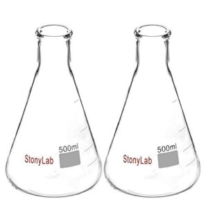 stonylab 2-pack glass 500ml heavy wall narrow mouth erlenmeyer flasks with heavy duty rim (500ml fits with stonylab 7# rubber stopper)