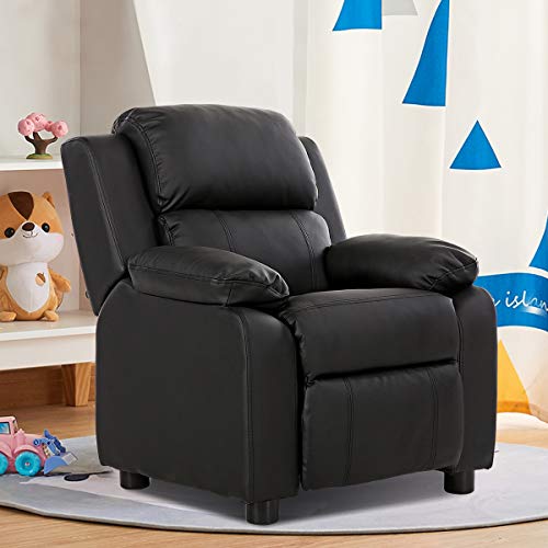 Costzon Kids Recliner, Leather Recliner Chair w/Footrest, Armrest Storage, Headrest & Lumbar Support, Ergonomic Lounge Chair for Living & Gaming Room, Adjustable Recliner Sofa for Boys Girls (Black)