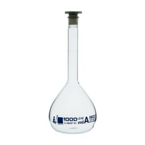 eisco volumetric flask, 1000ml - class a - 24/29 polyethylene stopper, borosilicate glass - blue graduation, tolerance ±0.400