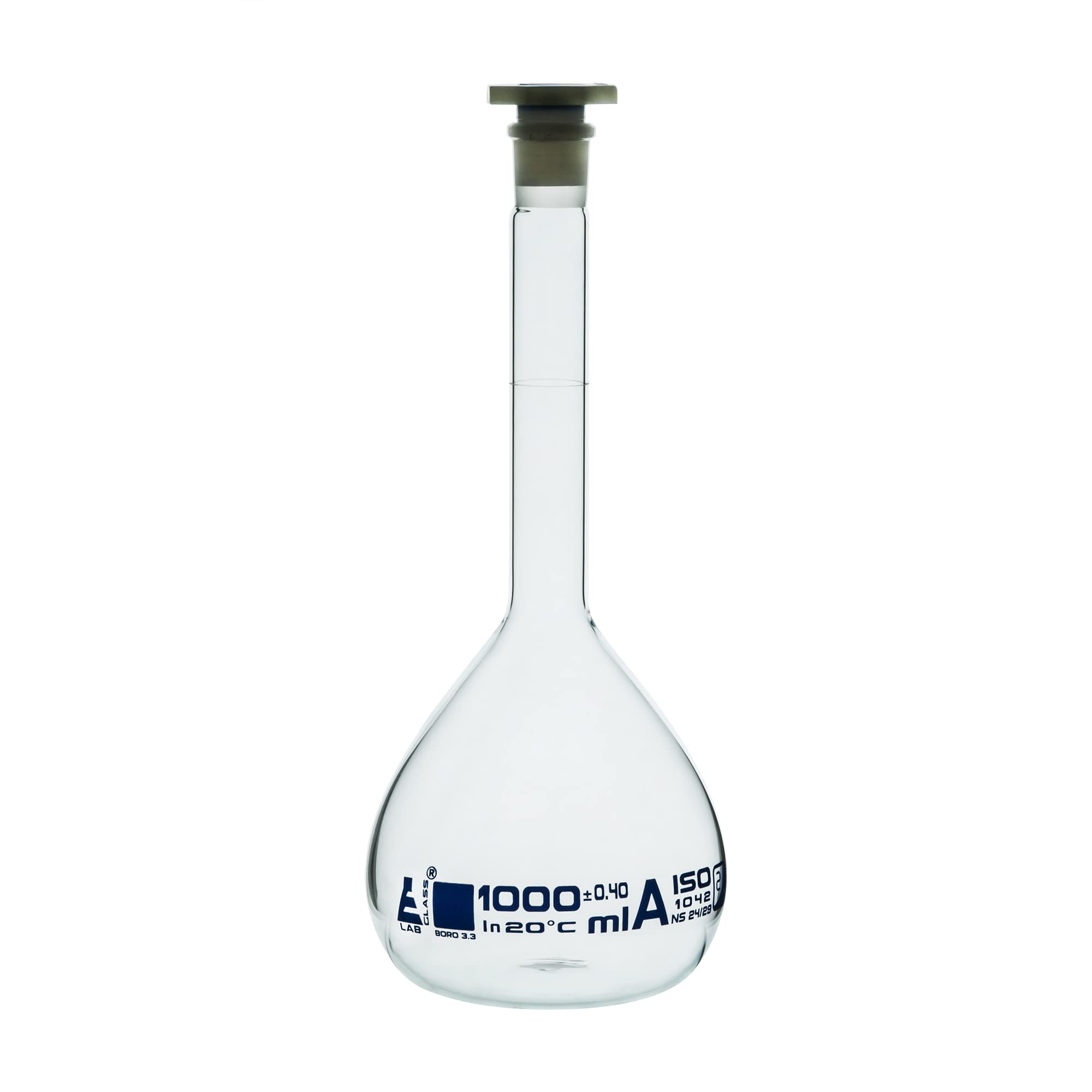 EISCO Volumetric Flask, 1000ml - Class A - 24/29 Polyethylene Stopper, Borosilicate Glass - Blue Graduation, Tolerance ±0.400