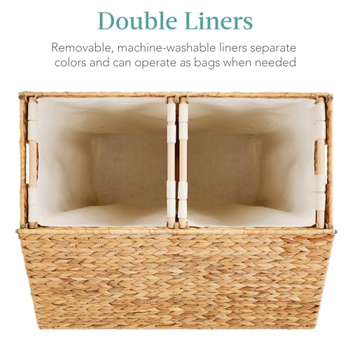 Best Choice Products Large Double Laundry Hamper with Lid, Natural Handwoven Water Hyacinth, 2 Sections w/ 2 Machine Washable Linen Liner Bags, Portable, Handles - Natural