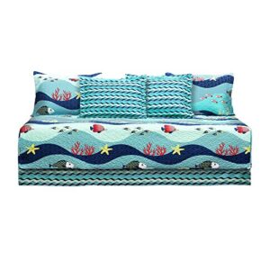 Lush Decor Sea Life Stripe 6 Piece Daybed Cover | Ocean Beach Fish Bedding Set Includes Bed Skirt, Pillow Shams and Cases 75" X 39", Blue