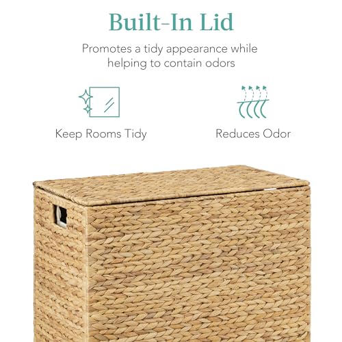 Best Choice Products Large Double Laundry Hamper with Lid, Natural Handwoven Water Hyacinth, 2 Sections w/ 2 Machine Washable Linen Liner Bags, Portable, Handles - Natural