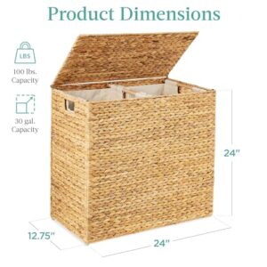 Best Choice Products Large Double Laundry Hamper with Lid, Natural Handwoven Water Hyacinth, 2 Sections w/ 2 Machine Washable Linen Liner Bags, Portable, Handles - Natural