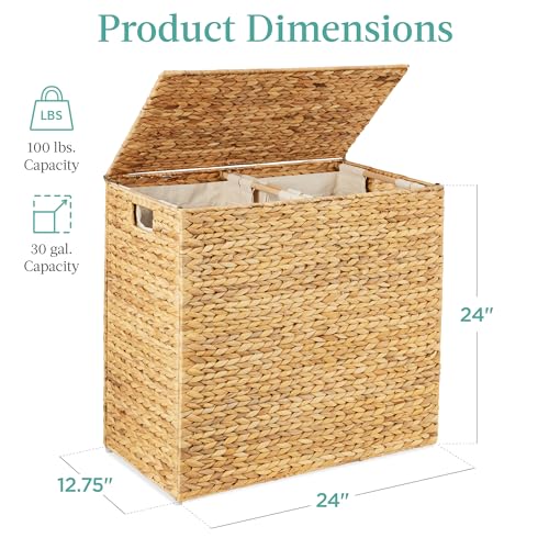 Best Choice Products Large Double Laundry Hamper with Lid, Natural Handwoven Water Hyacinth, 2 Sections w/ 2 Machine Washable Linen Liner Bags, Portable, Handles - Natural