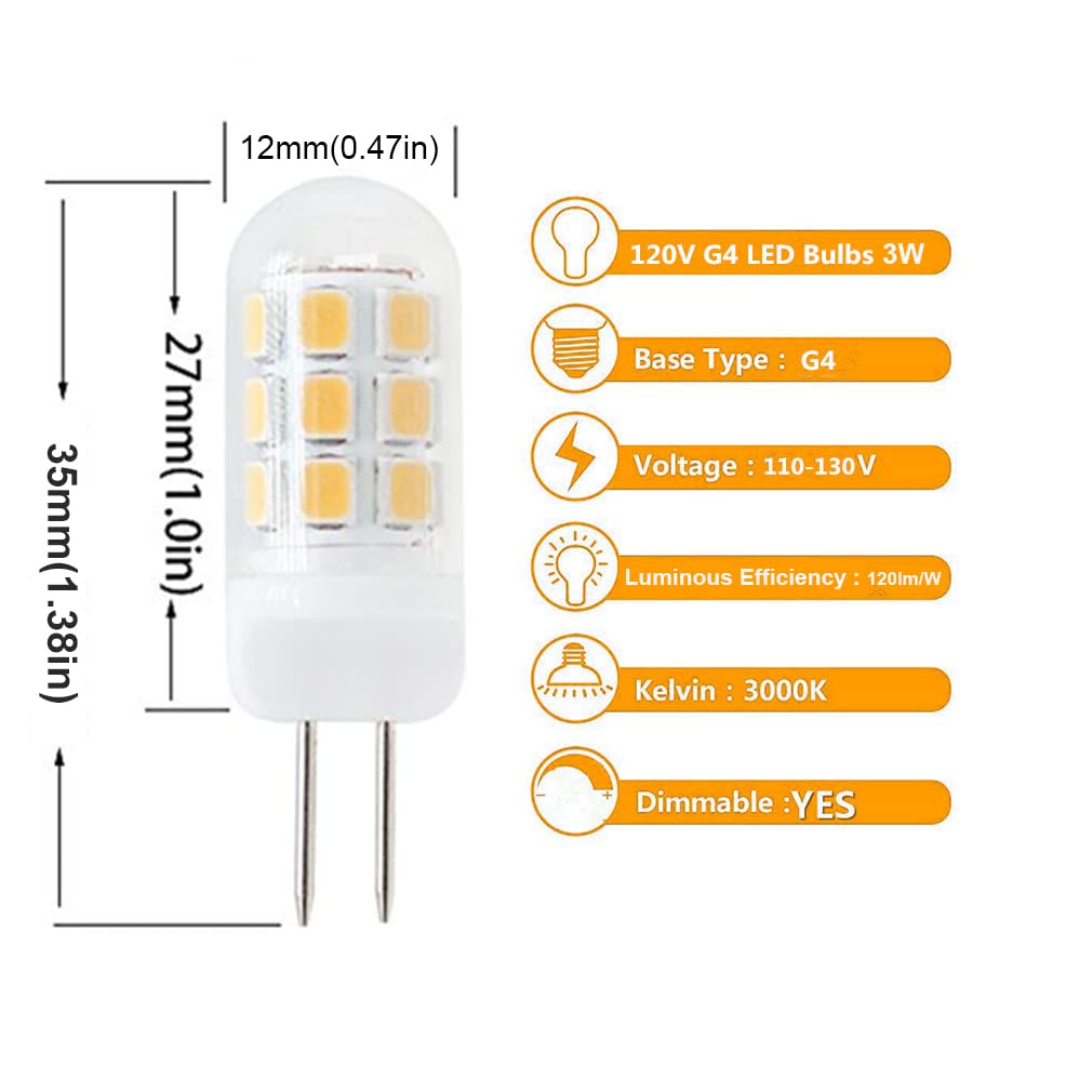 G4 LED Bulbs 120V G4 Bi-Pin Base Light Bulbs 120V G4 3.5W Warm White 3000k 120lm/w Equivalent to 35W G4 Halogen for Under-Cabinet Lights Ceiling Lights Table Lights Puck Lights (Pack of 5)