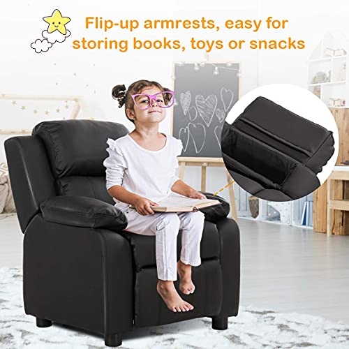 Costzon Kids Recliner, Leather Recliner Chair w/Footrest, Armrest Storage, Headrest & Lumbar Support, Ergonomic Lounge Chair for Living & Gaming Room, Adjustable Recliner Sofa for Boys Girls (Black)