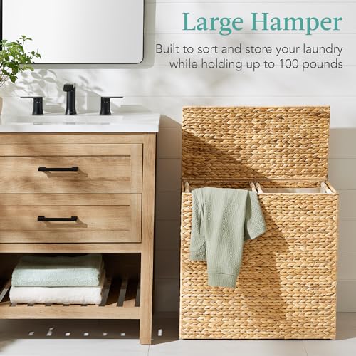 Best Choice Products Large Double Laundry Hamper with Lid, Natural Handwoven Water Hyacinth, 2 Sections w/ 2 Machine Washable Linen Liner Bags, Portable, Handles - Natural