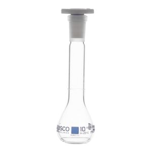 eisco volumetric flask, 10ml - class a - 10/19 polyethylene stopper, borosilicate glass - blue graduation, tolerance ±0.025