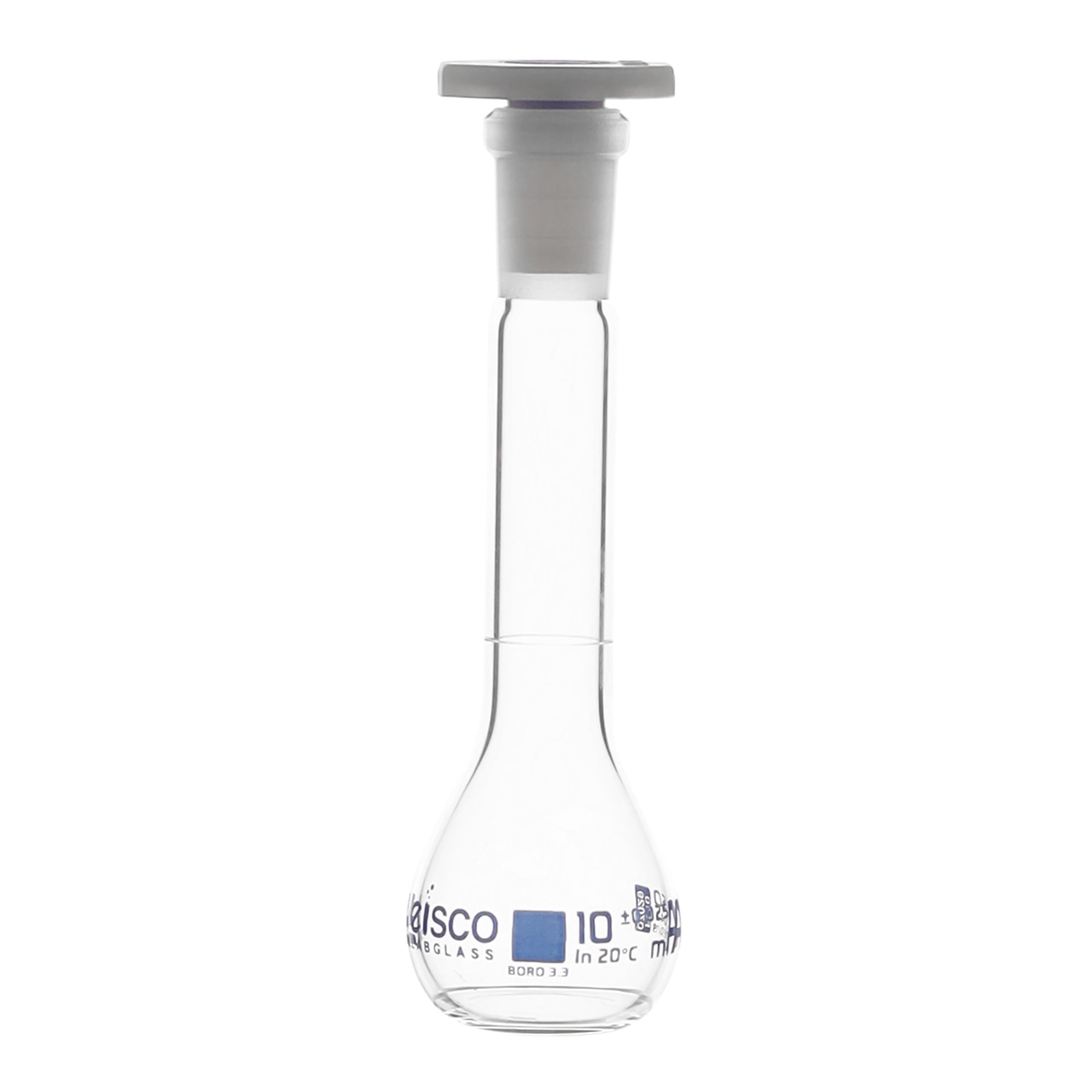 EISCO Volumetric Flask, 10ml - Class A - 10/19 Polyethylene Stopper, Borosilicate Glass - Blue Graduation, Tolerance ±0.025