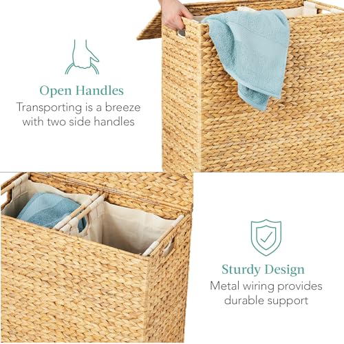 Best Choice Products Large Double Laundry Hamper with Lid, Natural Handwoven Water Hyacinth, 2 Sections w/ 2 Machine Washable Linen Liner Bags, Portable, Handles - Natural