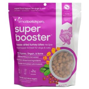 smallbatch pets freeze-dried super booster turkey bites for dogs & cats, 7 oz, made in the usa, organic produce, humanely sourced meat, single source protein, mixer & topper, cranberry & probiotics