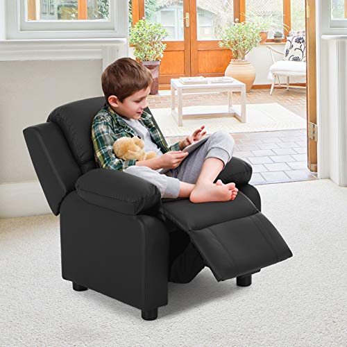 Costzon Kids Recliner, Leather Recliner Chair w/Footrest, Armrest Storage, Headrest & Lumbar Support, Ergonomic Lounge Chair for Living & Gaming Room, Adjustable Recliner Sofa for Boys Girls (Black)