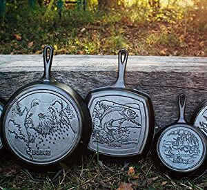 Lodge Wildlife Series - Seasoned Cast Iron Cookware. Wildlife Scenes. 5 Piece Iconic Collector Set Includes 8 inch Skillet, 10.25 inch Skillet, 12 inch Skillet, 10.5 inch Grill Pan, 10.5 inch Griddle