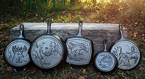 Lodge Wildlife Series - Seasoned Cast Iron Cookware. Wildlife Scenes. 5 Piece Iconic Collector Set Includes 8 inch Skillet, 10.25 inch Skillet, 12 inch Skillet, 10.5 inch Grill Pan, 10.5 inch Griddle