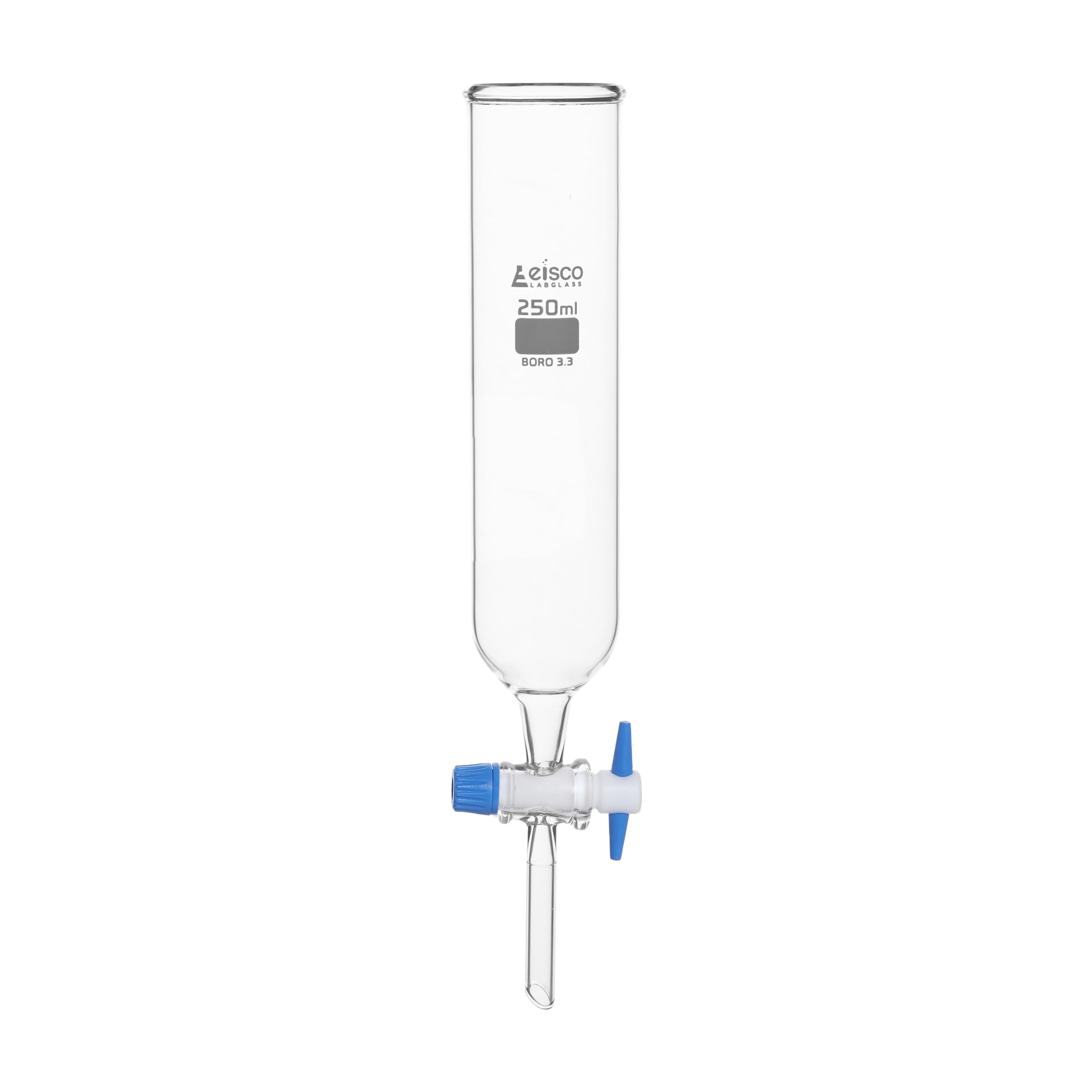 EISCO Dropping Funnel, 250ml - PTFE Key Stopcock, Open Top, Cylindrical - Ungraduated - Borosilicate Glass