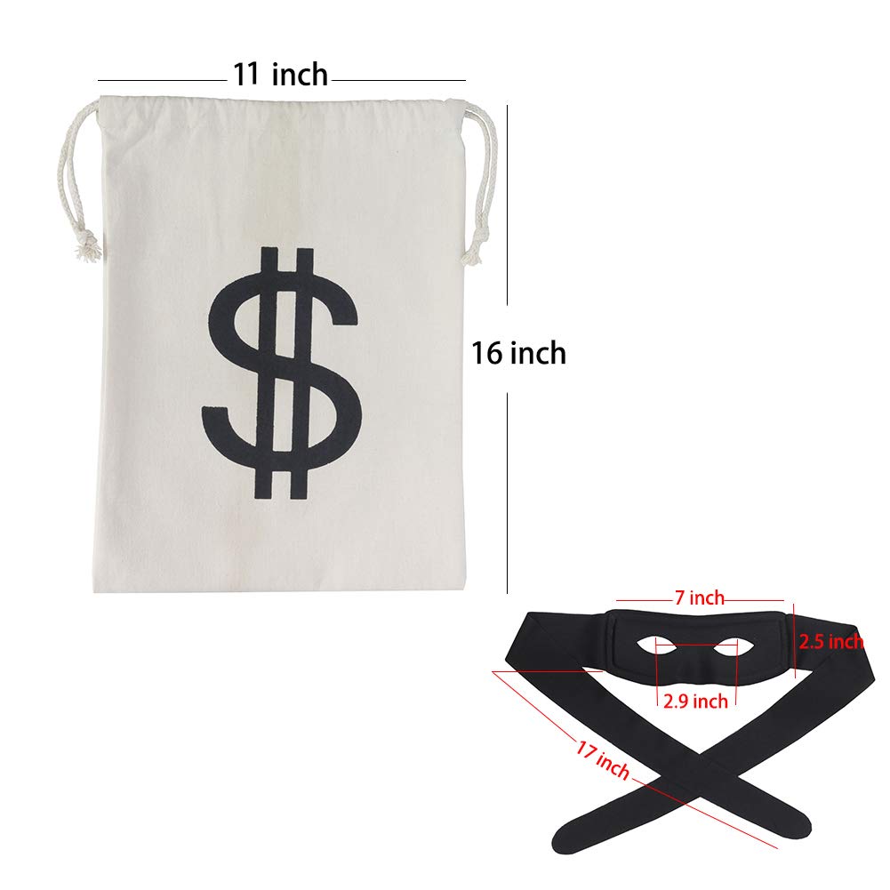 Secaden Dollar Sign Money Bag 16 x 11 inch Drawstring Pouch Bandit Robber Thief Cosplay Props with Gift Black Eye Mask