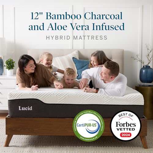 LUCID 12 Inch Hybrid Memory Foam Infused with Bamboo Charcoal and Aloe Vera-Encased Spring Support-Medium Plush Feel-Motion Isolation Mattress, Full, White, Grey, Black