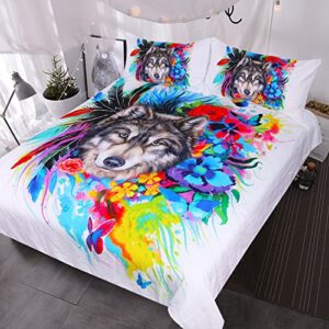 blessliving floral boho wolf duvet cover cool wildlife bedding set bright rainbow flower blossoms bed spread (queen)