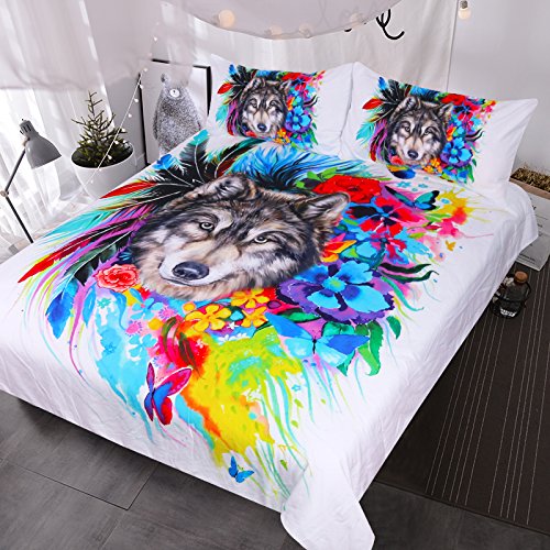 BlessLiving Floral Boho Wolf Duvet Cover Cool Wildlife Bedding Set Bright Rainbow Flower Blossoms Bed Spread (Queen)