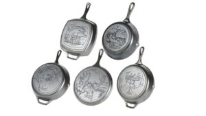 lodge wildlife series - seasoned cast iron cookware. wildlife scenes. 5 piece iconic collector set includes 8 inch skillet, 10.25 inch skillet, 12 inch skillet, 10.5 inch grill pan, 10.5 inch griddle