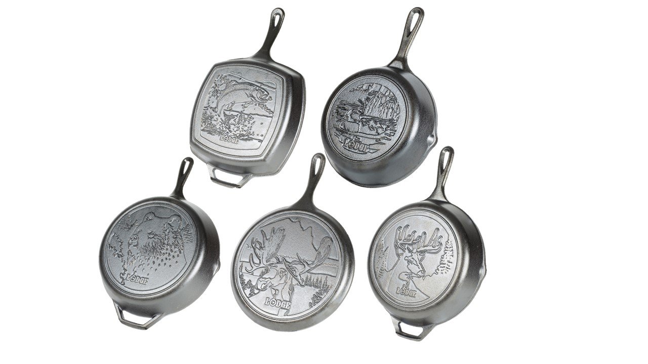 Lodge Wildlife Series - Seasoned Cast Iron Cookware. Wildlife Scenes. 5 Piece Iconic Collector Set Includes 8 inch Skillet, 10.25 inch Skillet, 12 inch Skillet, 10.5 inch Grill Pan, 10.5 inch Griddle