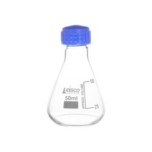 eisco erlenmeyer flask, 50ml - borosilicate glass - with ptfe screw cap - conical shape - white graduations