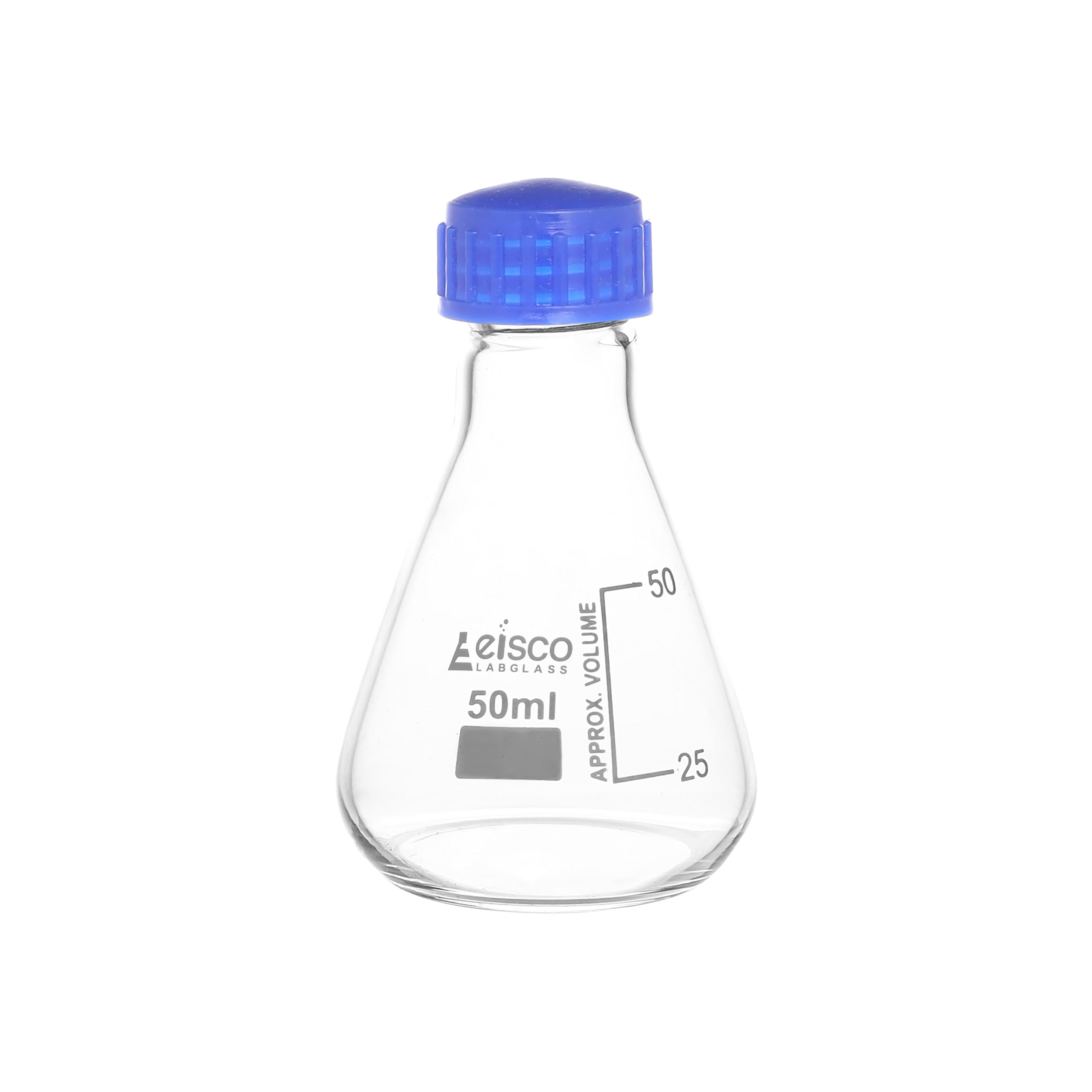 EISCO Erlenmeyer Flask, 50ml - Borosilicate Glass - with PTFE Screw Cap - Conical Shape - White Graduations