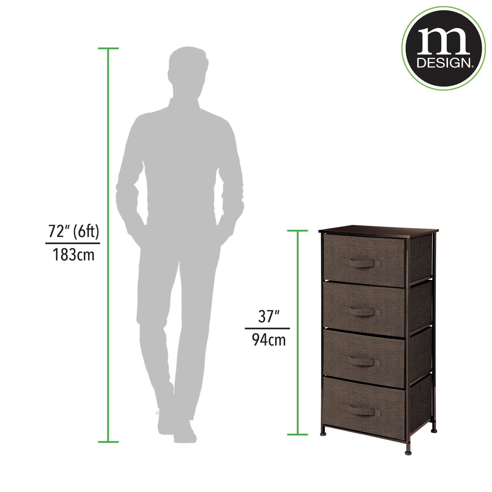 mDesign Tall Dresser Storage Tower Stand with 4 Removable Fabric Drawers - Steel Frame, Wood Top Organizer for Bedroom, Entryway, Closet - Lido Collection - Espresso Brown