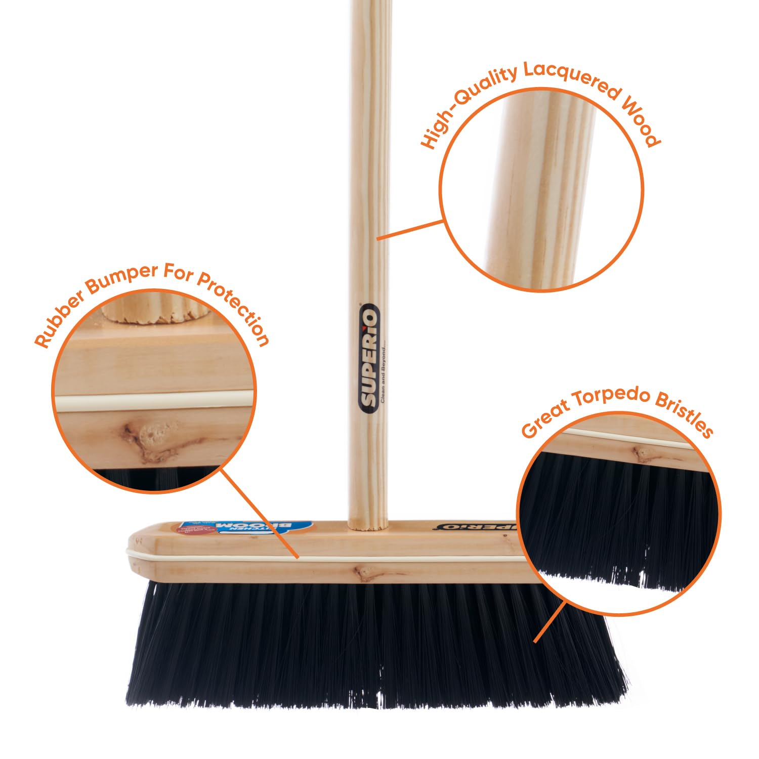 Superio Kitchen Broom Premium Black Tampico Bristles, Wood USA Handle, Heavy Duty Household Broom - Easy Swiping Dust and Wisp, Home, Kitchen Bedroom, Lobby, Floors and Corners