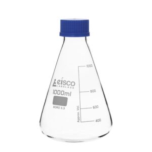 eisco erlenmeyer flask, 1000ml - borosilicate glass - with ptfe screw cap - conical shape - white graduations