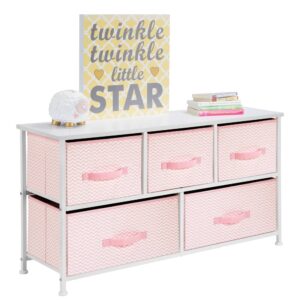 mdesign 21.65" high steel frame/wood top storage dresser furniture unit with 5 removable fabric drawers - wide bureau organizer for bedroom, living room, closet - spira collection, pink/white