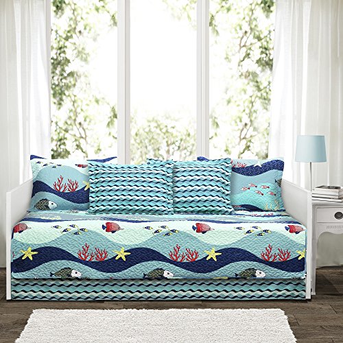 Lush Decor Sea Life Stripe 6 Piece Daybed Cover | Ocean Beach Fish Bedding Set Includes Bed Skirt, Pillow Shams and Cases 75" X 39", Blue