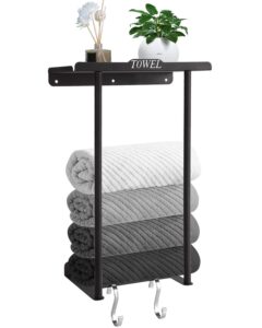 hovnkut towel racks for small bathroom,wall mounted towel holder metal shelf &2 hooks, space saver &mattle black bathroom wall decor,hold 4 rolled towel(27x54in),towel storage for bathroom,toilet,rv