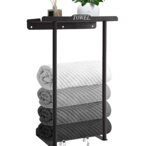 HOVNKUT Towel Racks for Small Bathroom,Wall Mounted Towel Holder Metal Shelf &2 Hooks, Space Saver &Mattle Black Bathroom Wall Decor,Hold 4 Rolled Towel(27x54in),Towel Storage for Bathroom,Toilet,RV