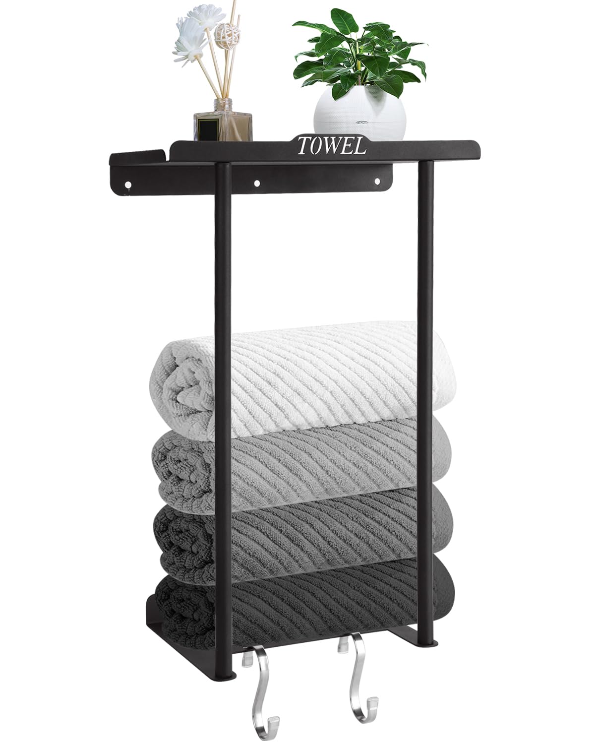 HOVNKUT Towel Racks for Small Bathroom,Wall Mounted Towel Holder Metal Shelf &2 Hooks, Space Saver &Mattle Black Bathroom Wall Decor,Hold 4 Rolled Towel(27x54in),Towel Storage for Bathroom,Toilet,RV