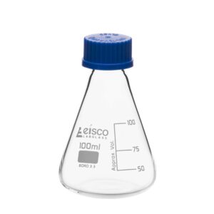 eisco erlenmeyer flask, 100ml - borosilicate glass - with ptfe screw cap - conical shape - white graduations