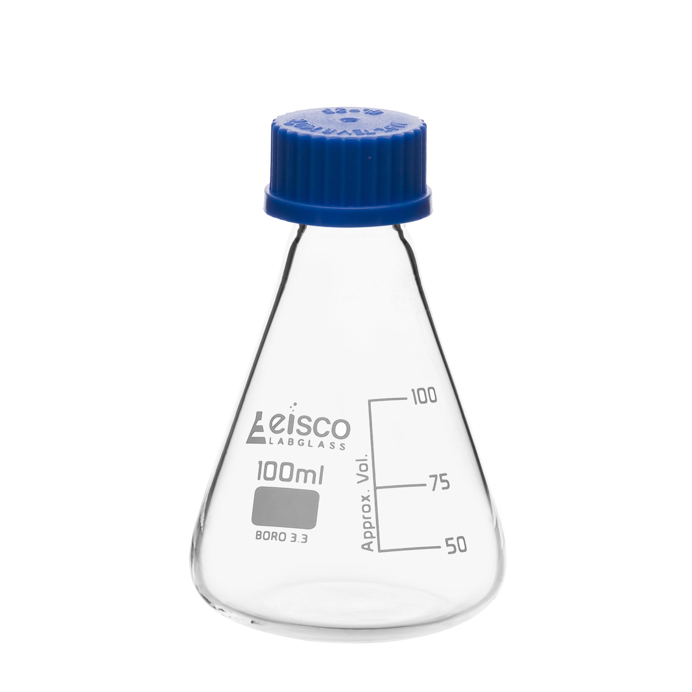 EISCO Erlenmeyer Flask, 100ml - Borosilicate Glass - with PTFE Screw Cap - Conical Shape - White Graduations