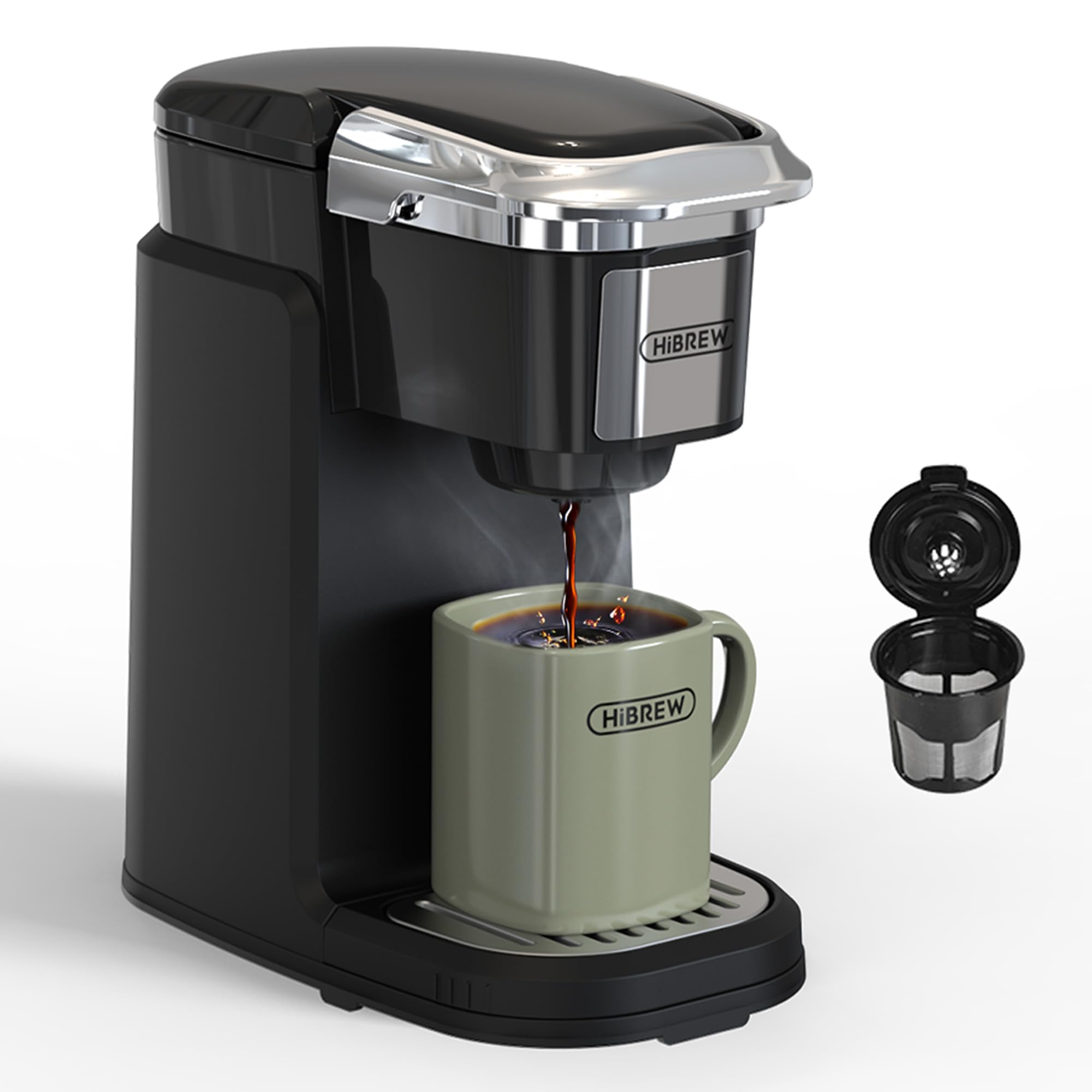 HiBREW Single Serve Coffee Maker - Portable,Coffee Machine for K Cup Pod, One Button Operation, Black Color for Kitchen, Office, Camping, Hotel