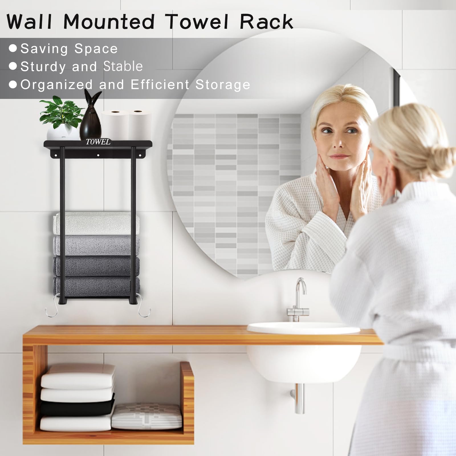 HOVNKUT Towel Racks for Small Bathroom,Wall Mounted Towel Holder Metal Shelf &2 Hooks, Space Saver &Mattle Black Bathroom Wall Decor,Hold 4 Rolled Towel(27x54in),Towel Storage for Bathroom,Toilet,RV