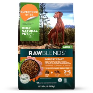 only natural pet raw blends grain-free dog food, high protein all-natural whole ingredients & 100% raw meat bites, poultry feast, low phosphorus, dehydrated mix for large breed & picky eaters, 4 lb