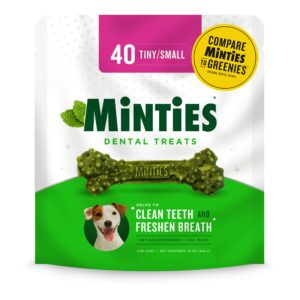 minties dental chews for dogs, 40 count, vet-recommended mint-flavored dental treats for tiny/small dogs 5-24 lbs, dental bones clean teeth, fight bad breath, and removes plaque and tartar