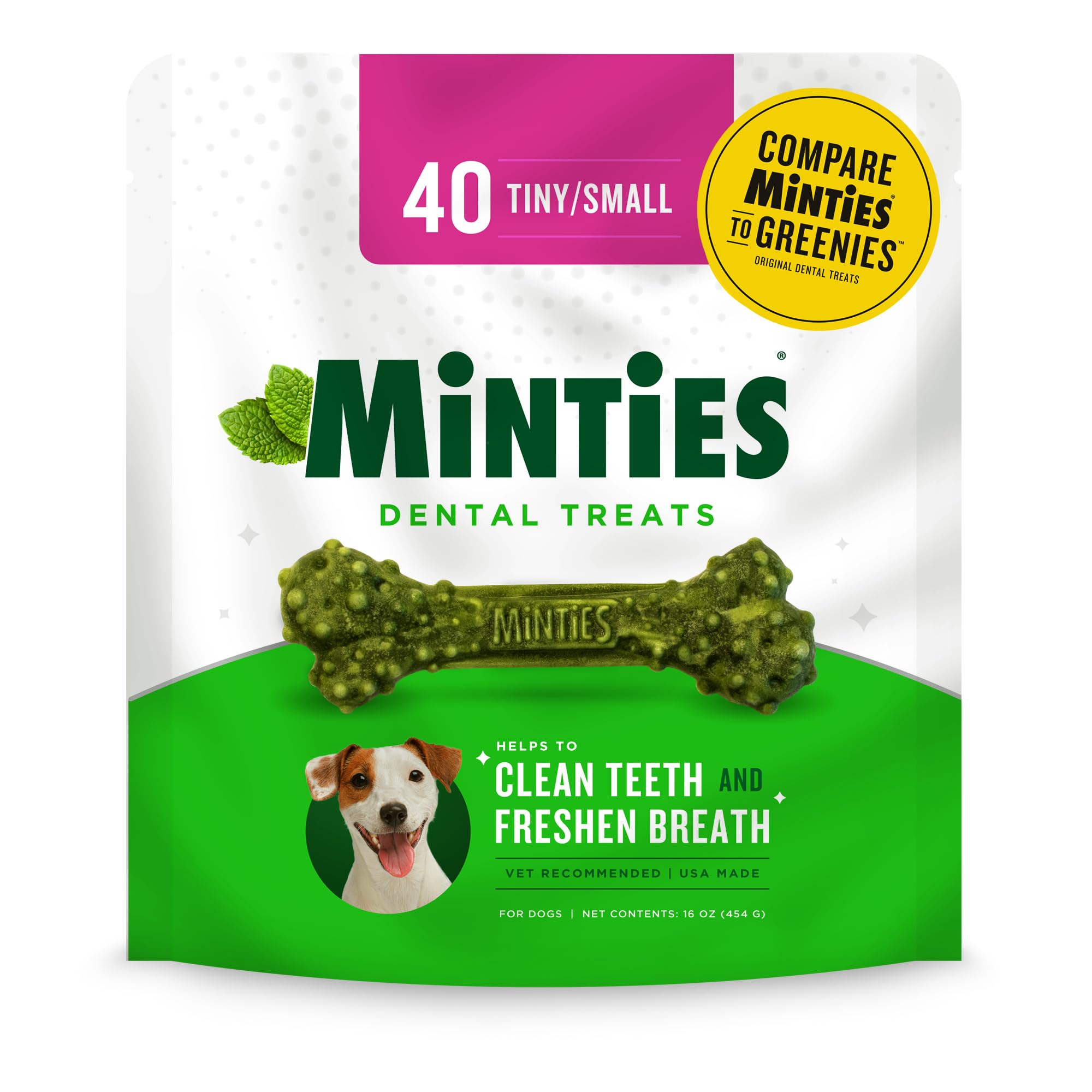 Minties Dental Chews for Dogs, 40 Count, Vet-Recommended Mint-Flavored Dental Treats for Tiny/Small Dogs 5-24 lbs, Dental Bones Clean Teeth, Fight Bad Breath, and Removes Plaque and Tartar