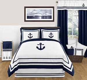 sweet jojo designs anchors away nautical navy and white boys 3 piece full/queen bedding set