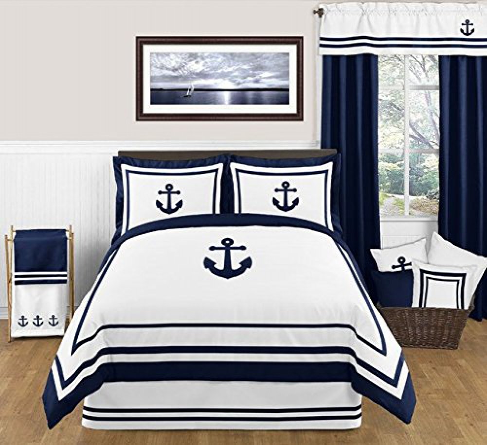 Sweet Jojo Designs Anchors Away Nautical Navy and White Boys 3 Piece Full/Queen Bedding Set